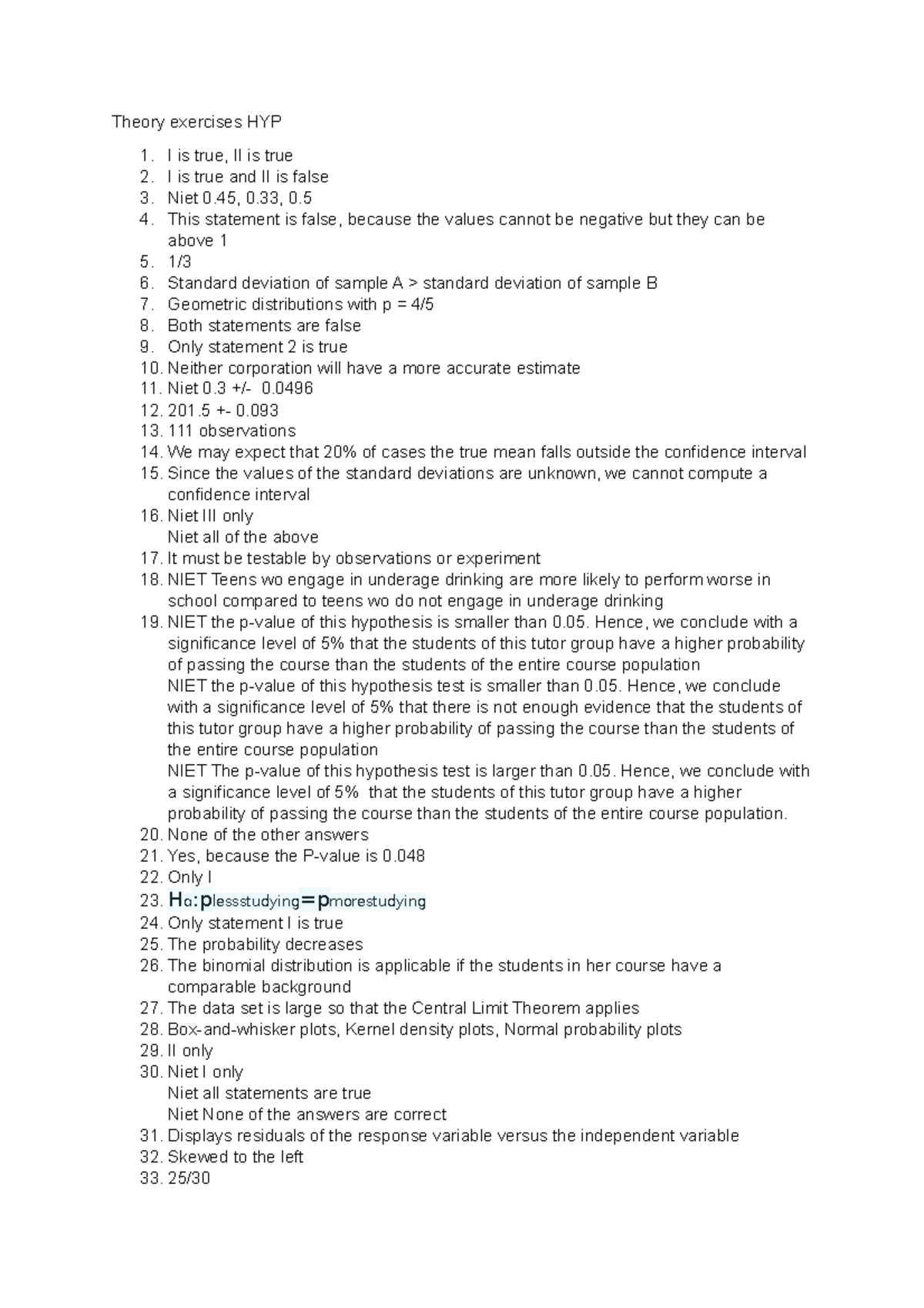Theory Exercises HYP: Key Concepts and Analysis - Studeersnel