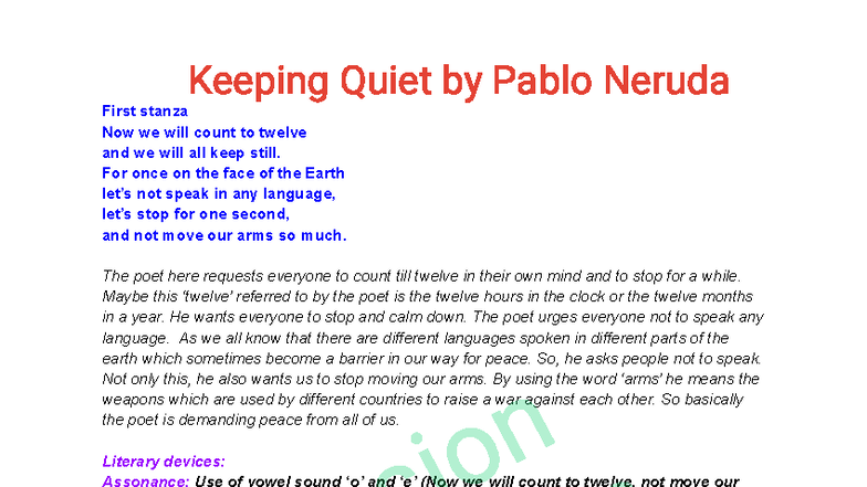 Keeping Quiet Analysis: A Study of Pablo Neruda's Poem - Studocu
