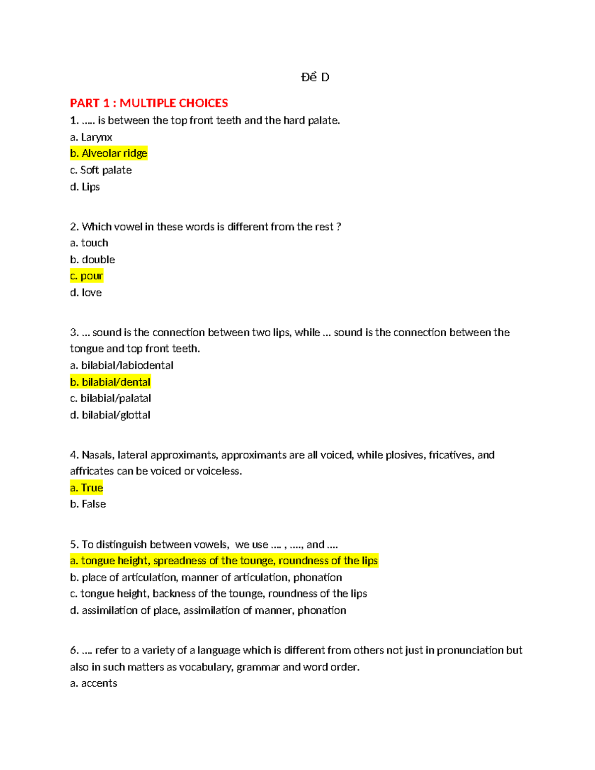 Đề D - Phonetics & Phonology Multiple Choice Questions - Studocu