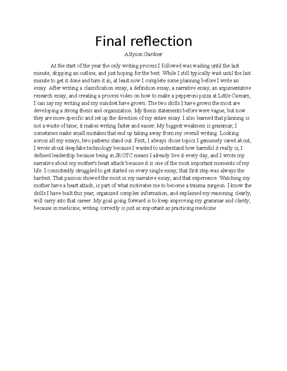 Final Reflection on Writing Growth - Allyson Gardner - Studocu