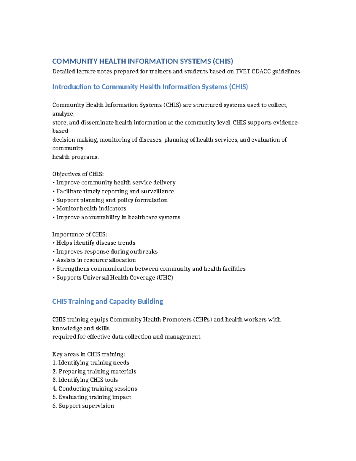 Community Health Information Systems (CHIS) Lecture Notes for Trainers ...