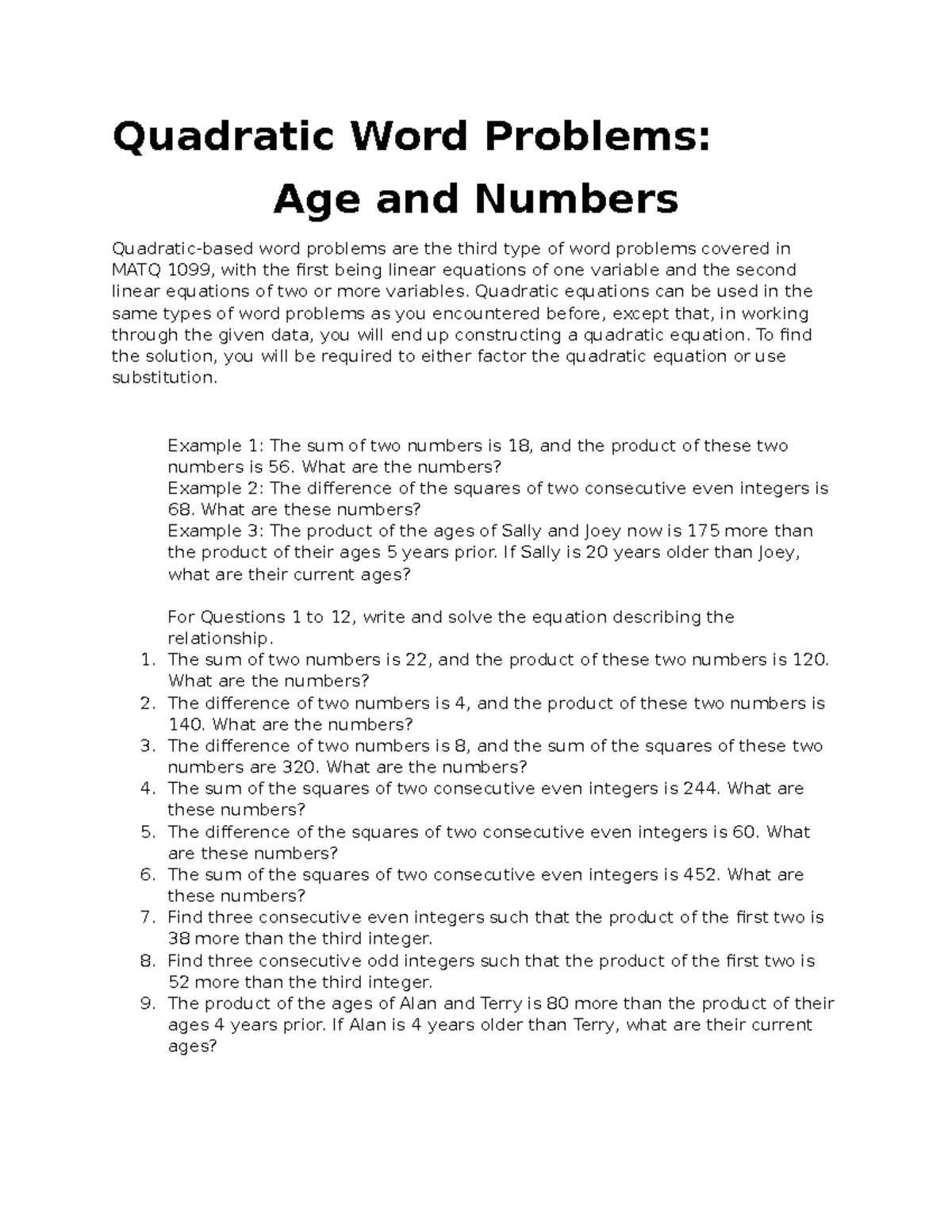 MATQ 1099: Quadratic Word Problems on Age and Numbers - Studocu