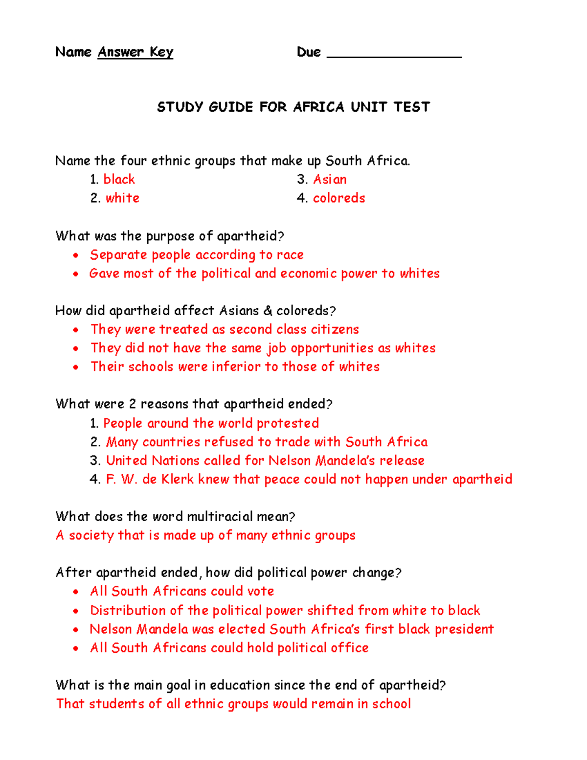 Africa Unit Test Study Guide Answer Key (Final Exam) - Studocu