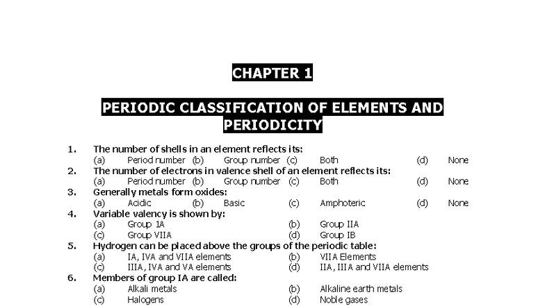 CHAPTER 1: PERIODIC CLASSIFICATION OF ELEMENTS MCQs - Studocu