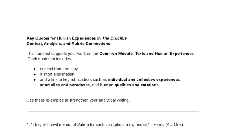 Key Quotes for Human Experiences in The Crucible: Context & Analysis ...