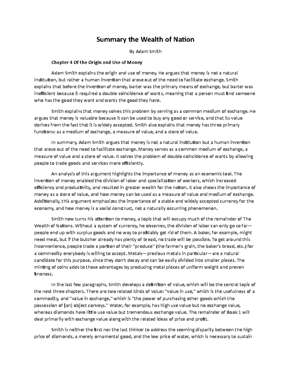 The Wealth of Nations (Ch. 4) Summary: The Origin & Use of Money - Studocu