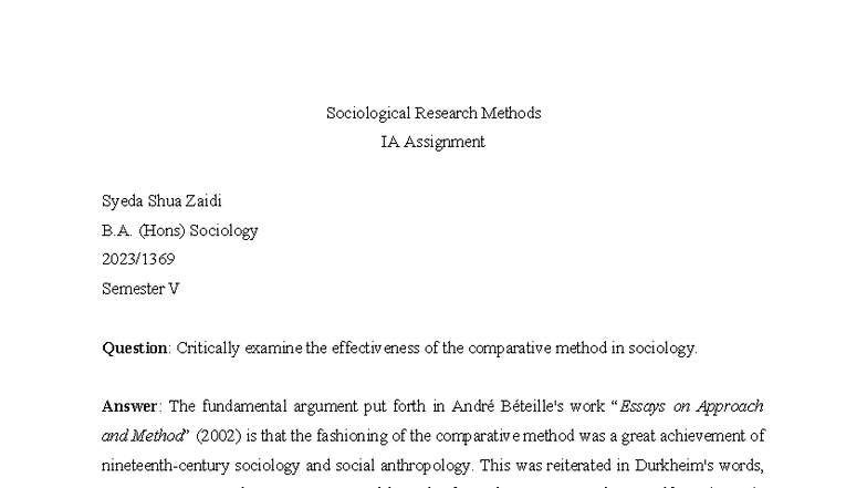 Sociological Research Methods IA Assignment: Comparative Method ...
