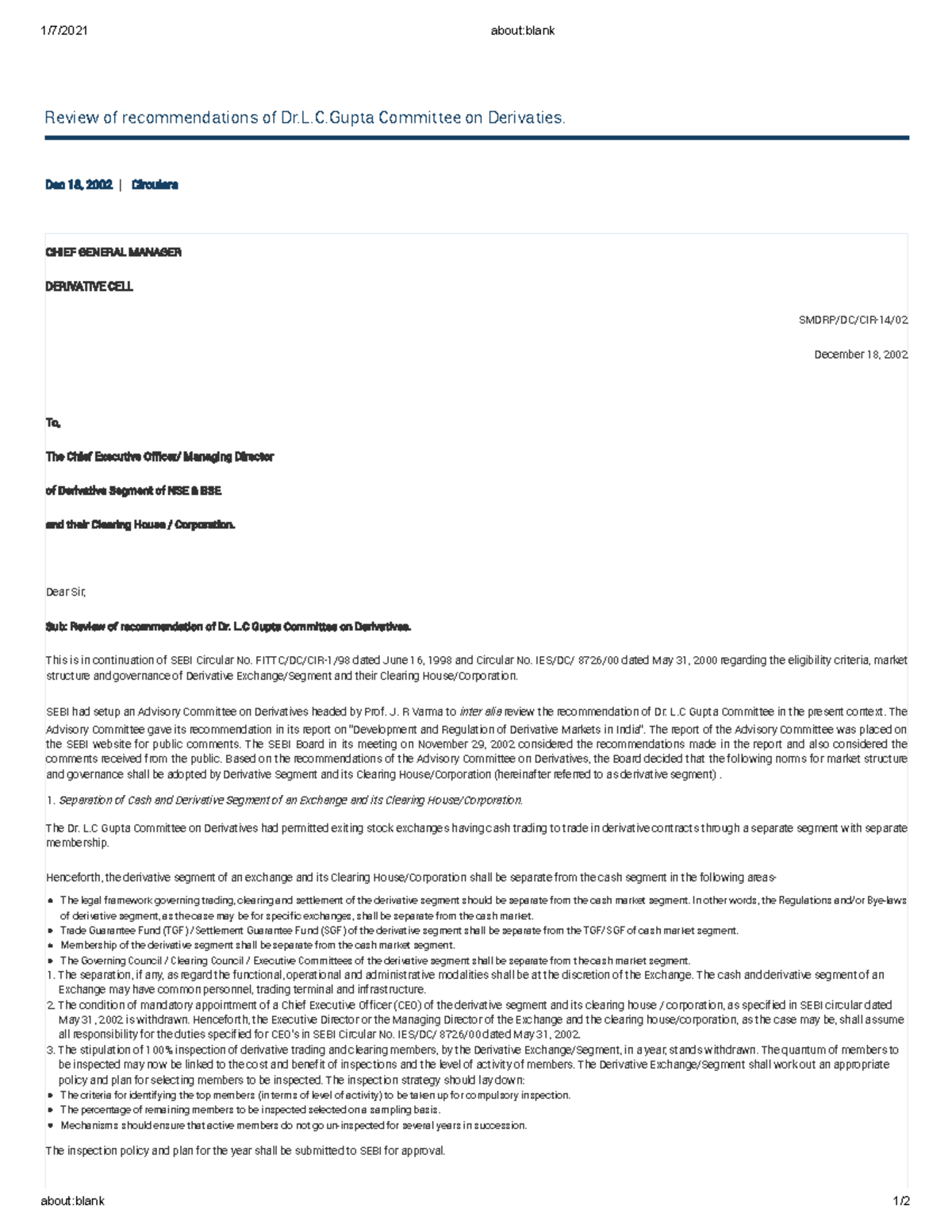Review of Dr. L.C. Gupta Committee Recommendations on Derivatives - Studocu