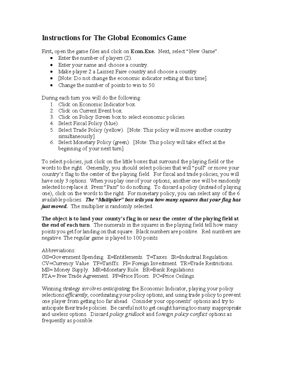 Instructions for the Global Economics Game (Econ 2024) - Studocu