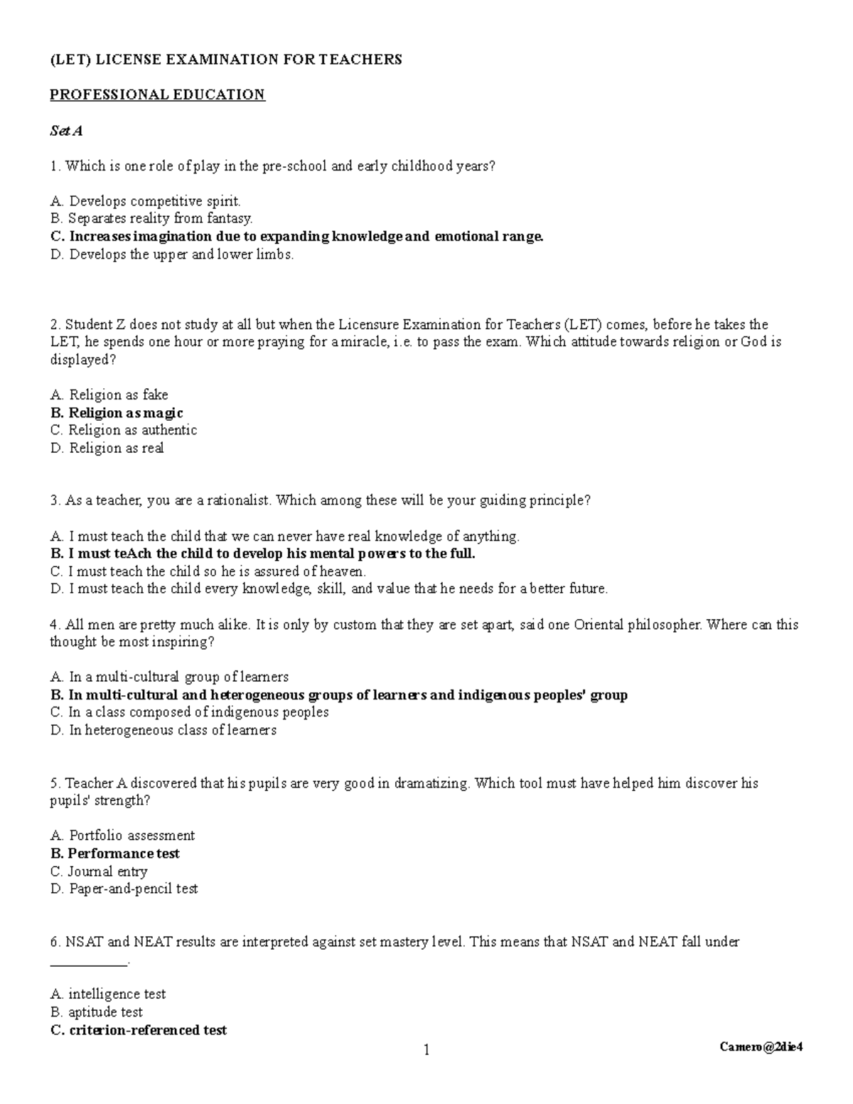 Professionaleducationset 1 - (LET) LICENSE EXAMINATION FOR TEACHERS ...