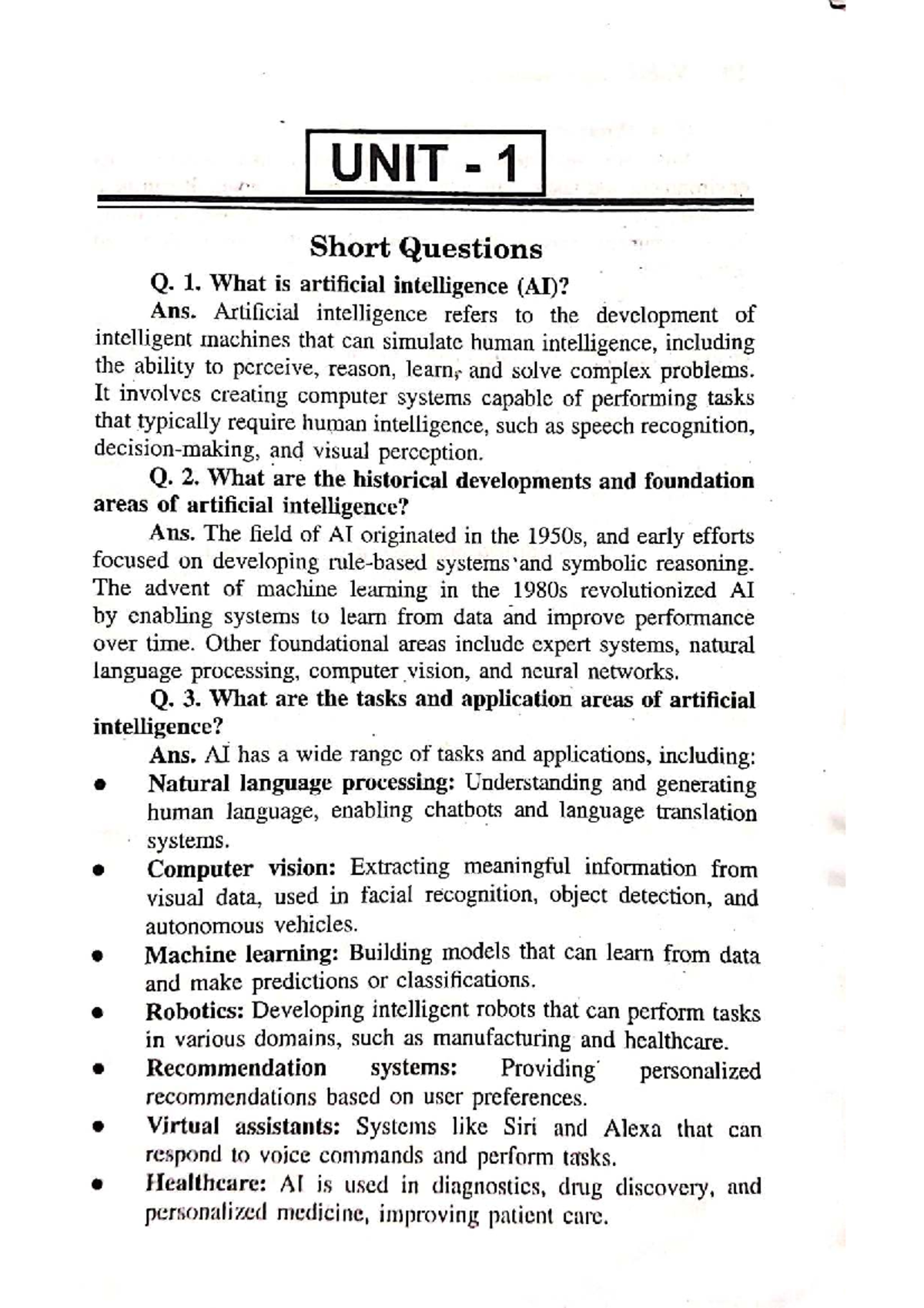 Artificial Intelligence Unit 1: Key Concepts and Short Questions - Studocu