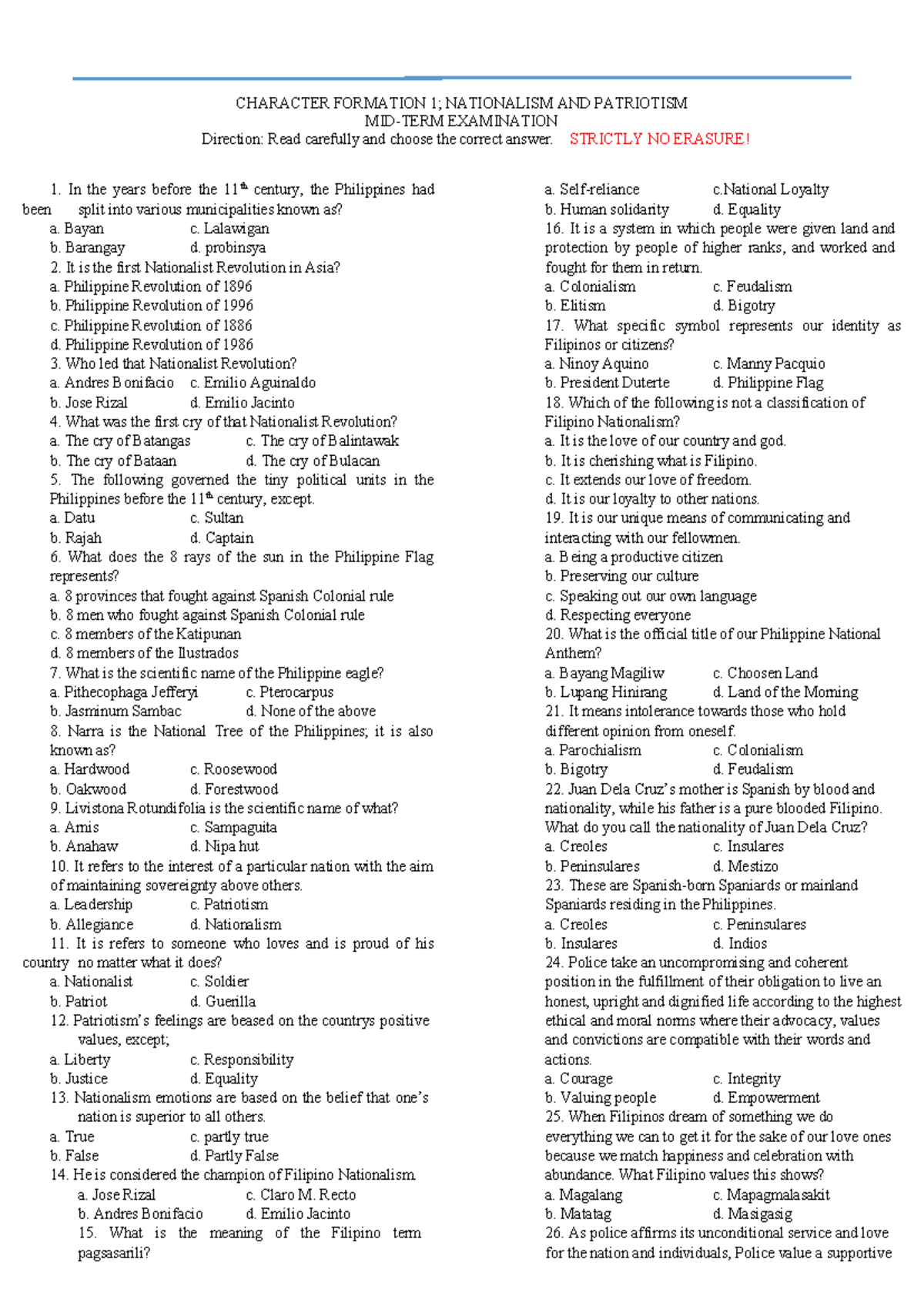 CFLM 1 Midterm Exam on Nationalism and Patriotism - Studocu