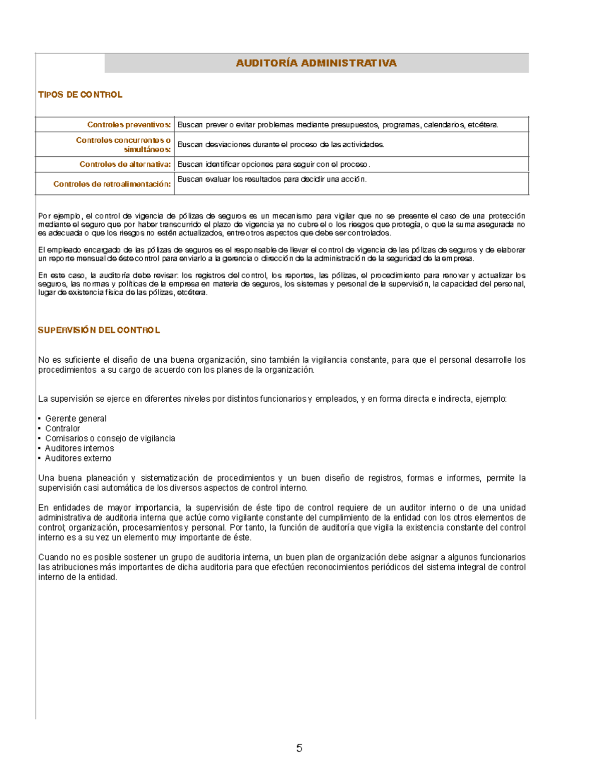 AUDITORÍA ADMINISTRATIVA: TIPOS DE CONTROL Y SUPERVISIÓN - Studocu