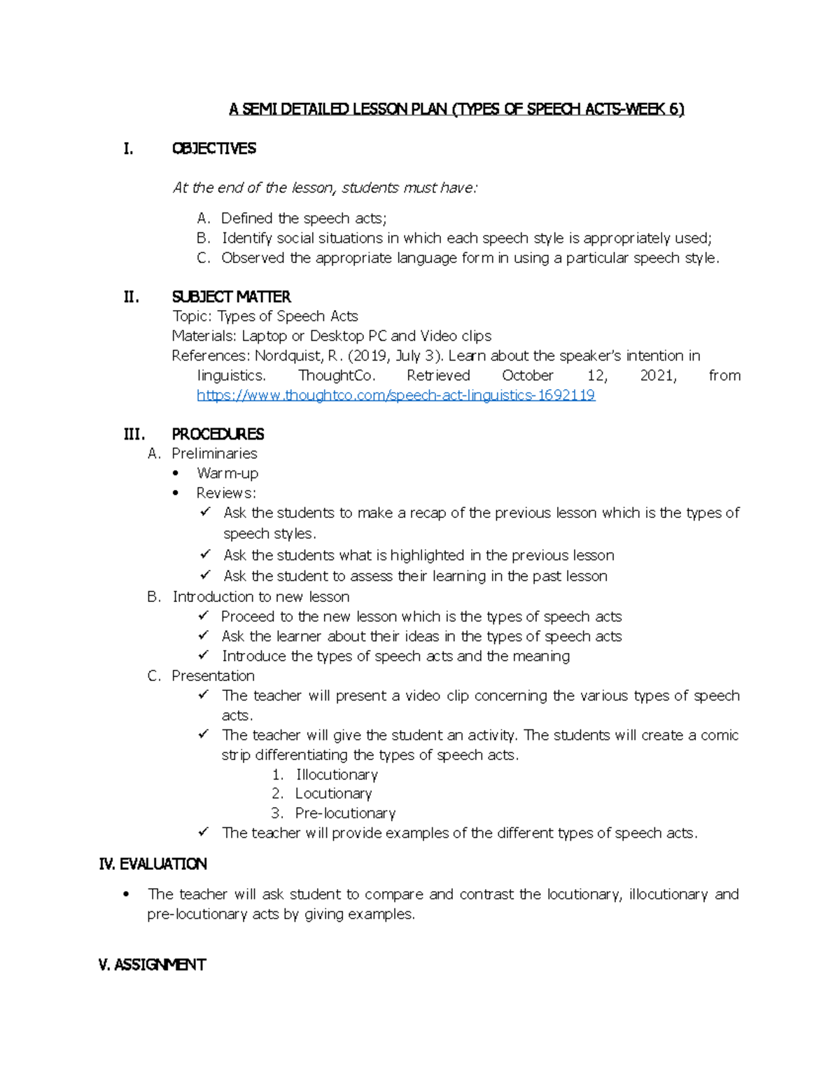 Semi-Detailed Lesson Plan on Types of Speech Acts - Week 6 - Studocu