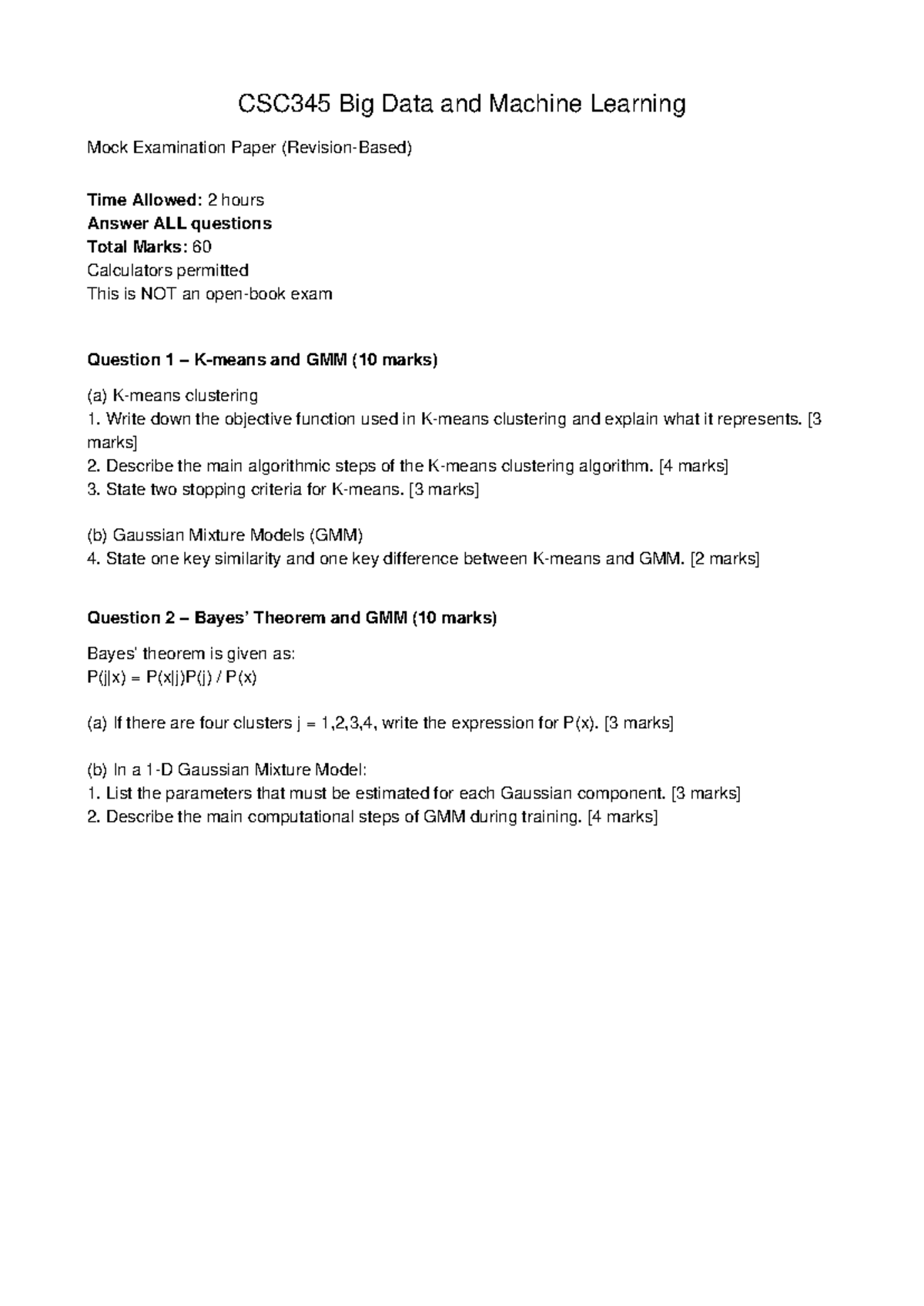 CSC345 Big Data & ML Mock Exam Paper: Key Concepts & Questions - Studocu