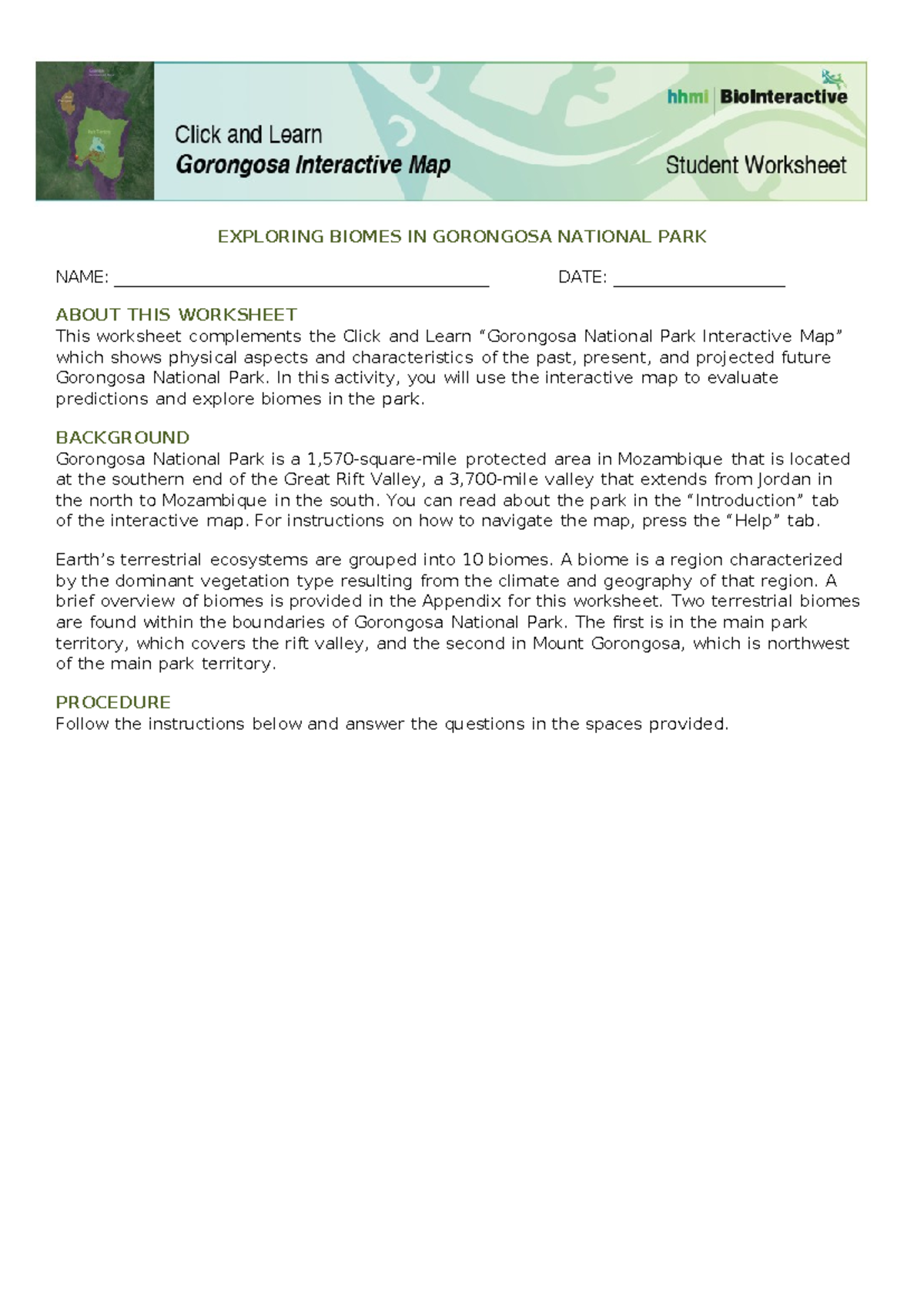 Exploring Biomes in Gorongosa National Park: Worksheet 01 - Studocu