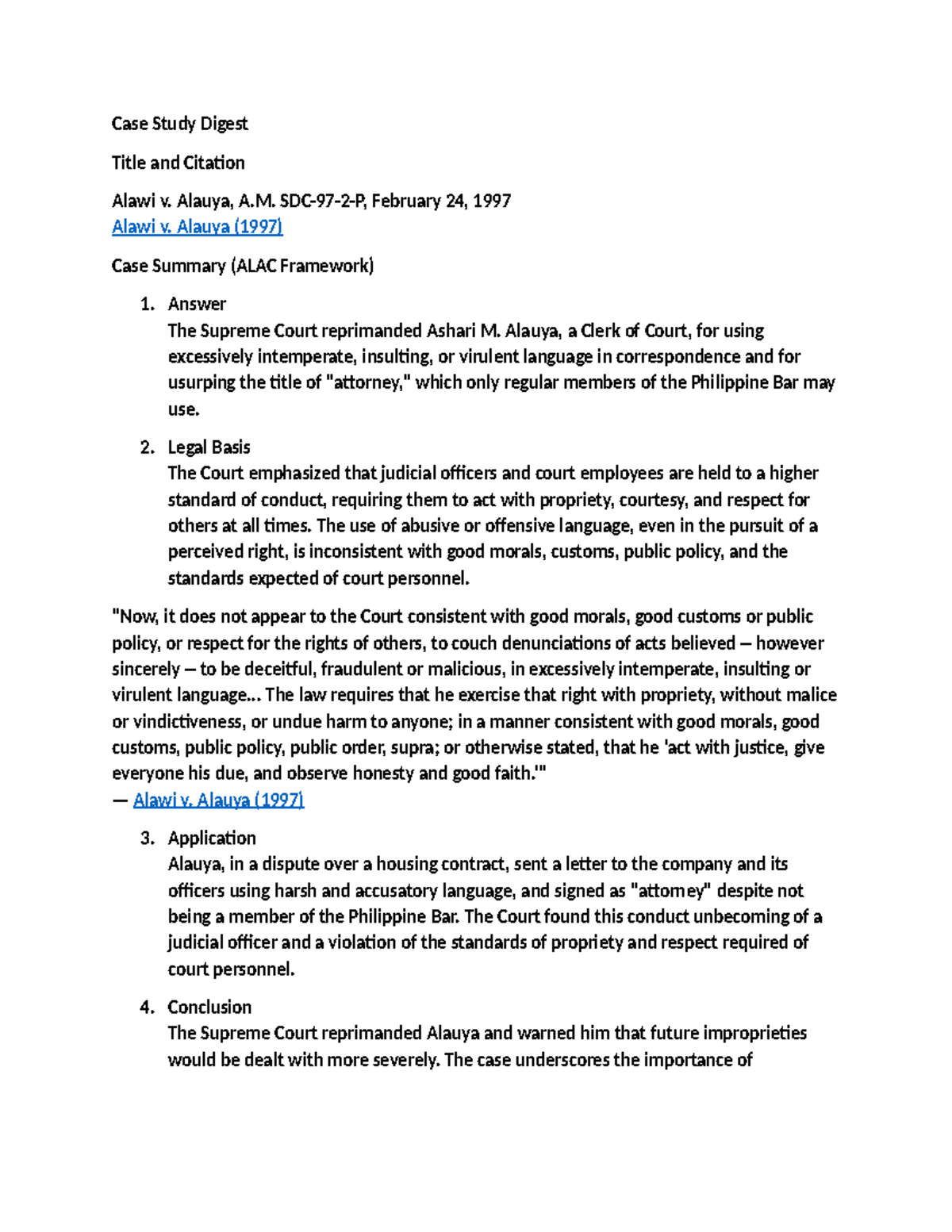 Case Study: Alawi v. Alauya (A3) - Supreme Court Ruling Summary - Studocu