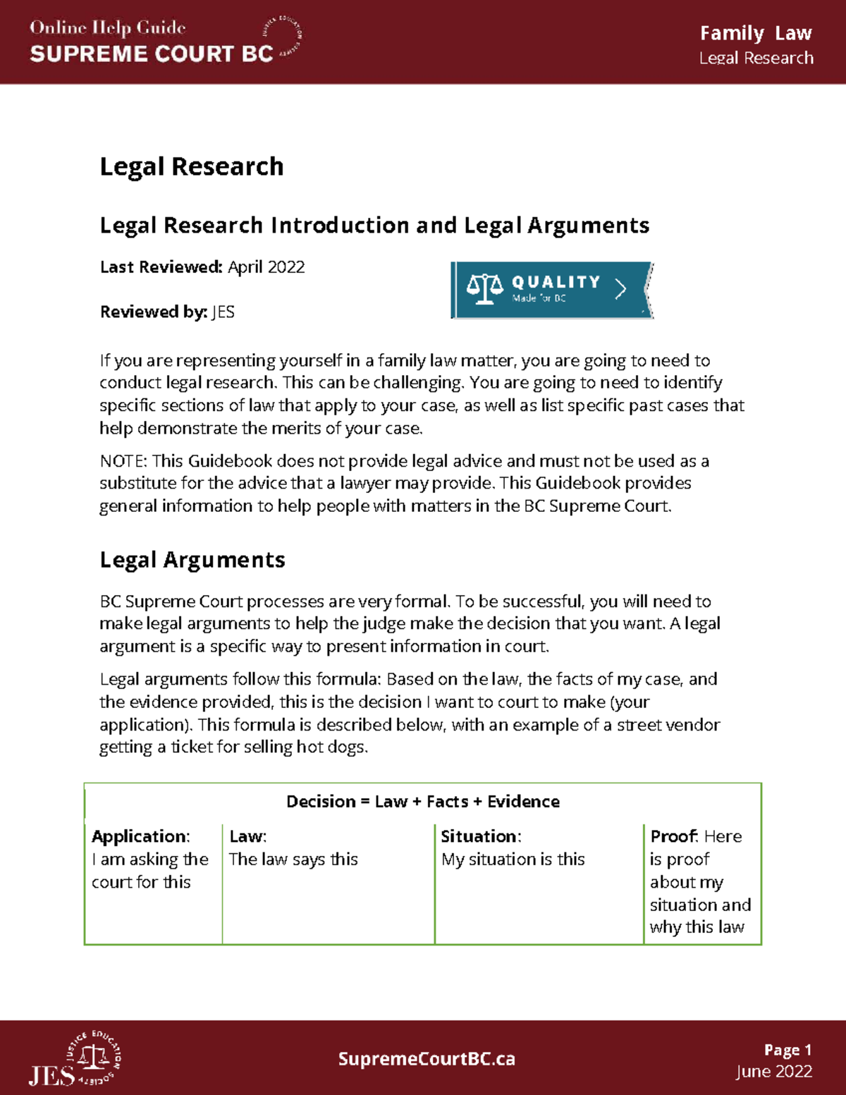 Family law legal research guide: Building legal arguments in BC - Studocu