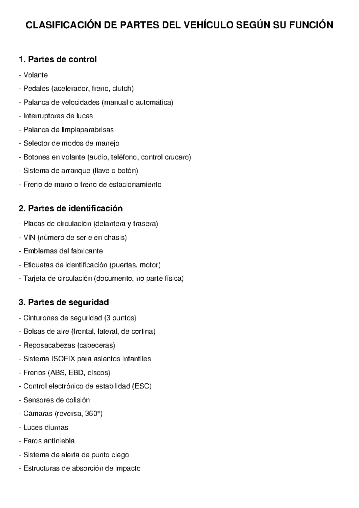 Clasificación de Partes del Vehículo según su Función - Studocu