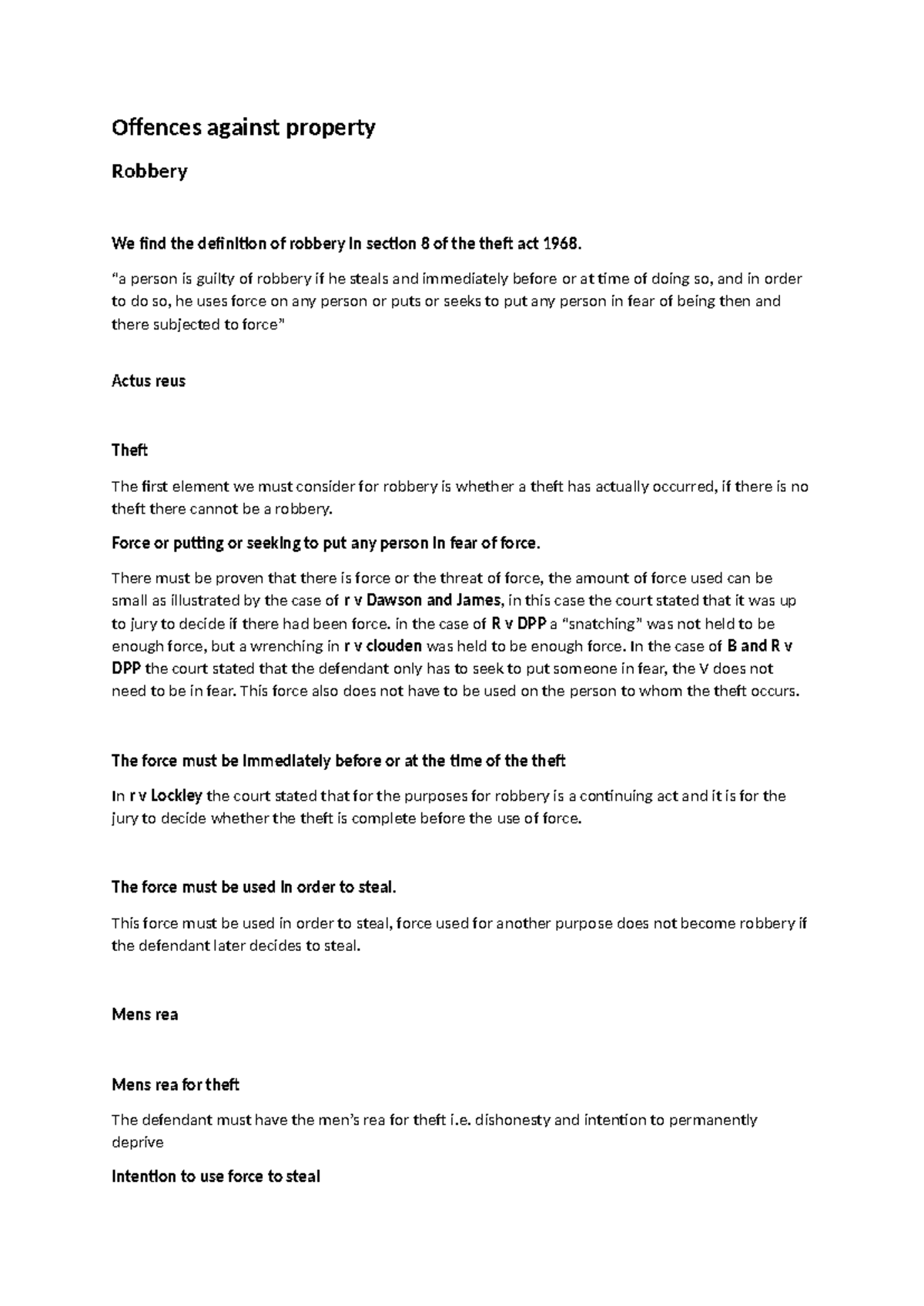 Robbery Overview - OCR A Level Law Study Notes - Studocu