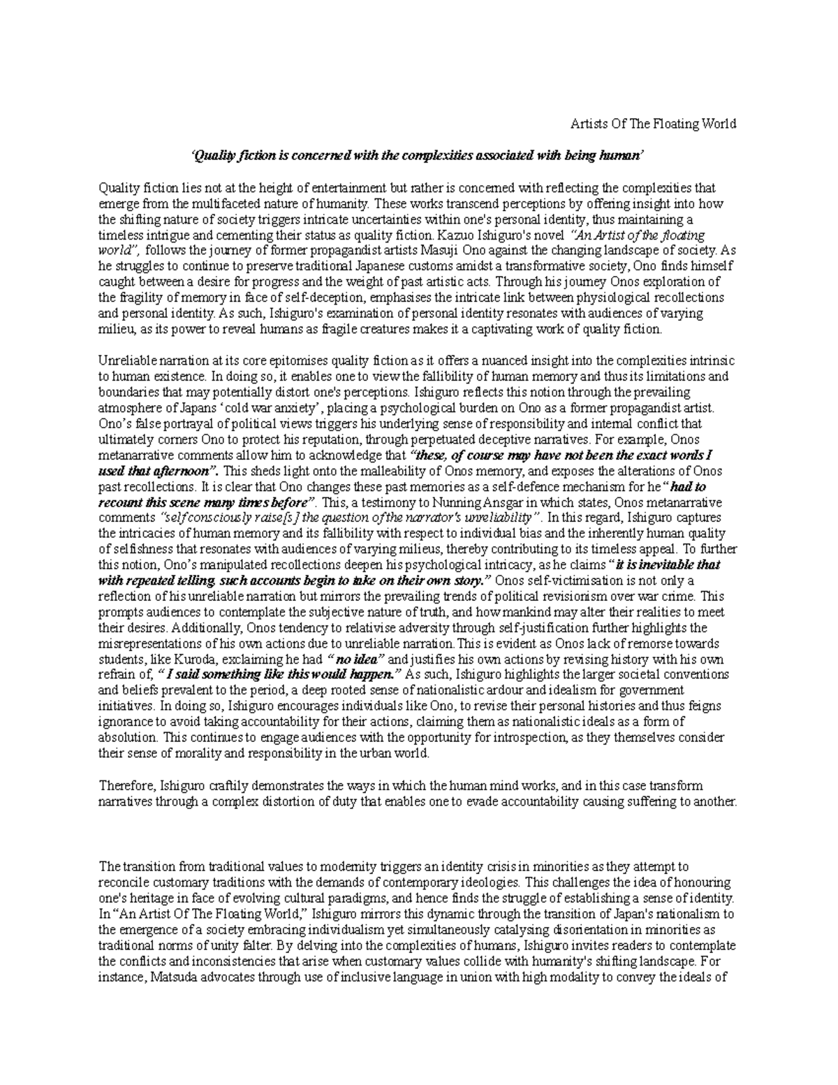 Mod B Essay: Insights on Human Complexity in "Artists of the Floating ...