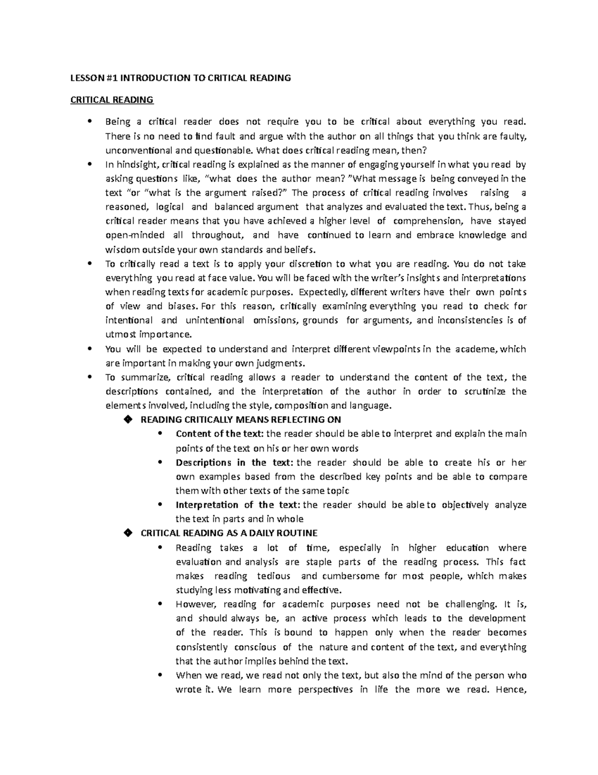 Lesson #1: Engaging in Critical Reading Techniques - Studocu