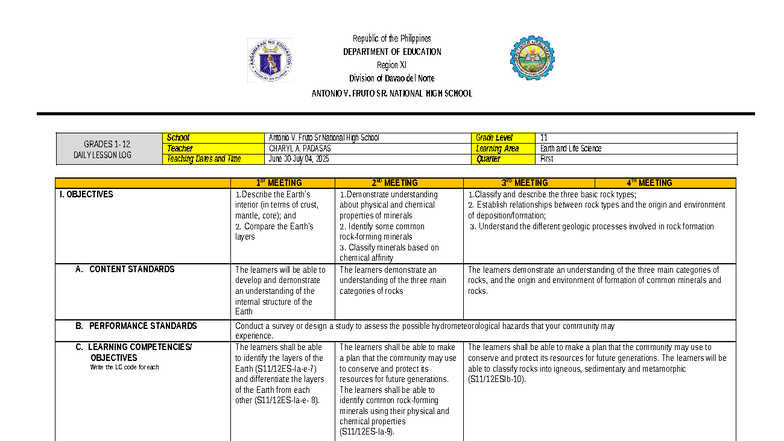 Earth and Life Science Lesson Log - Grade 12 (Week 3) - Studocu
