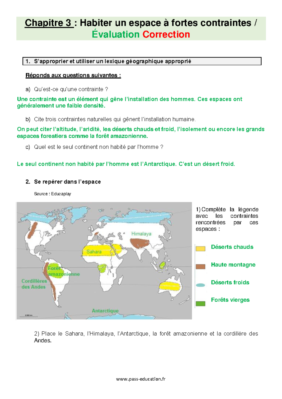 Évaluation Corrigée 6ème : Habiter un Espace à Fortes Contraintes - Studocu