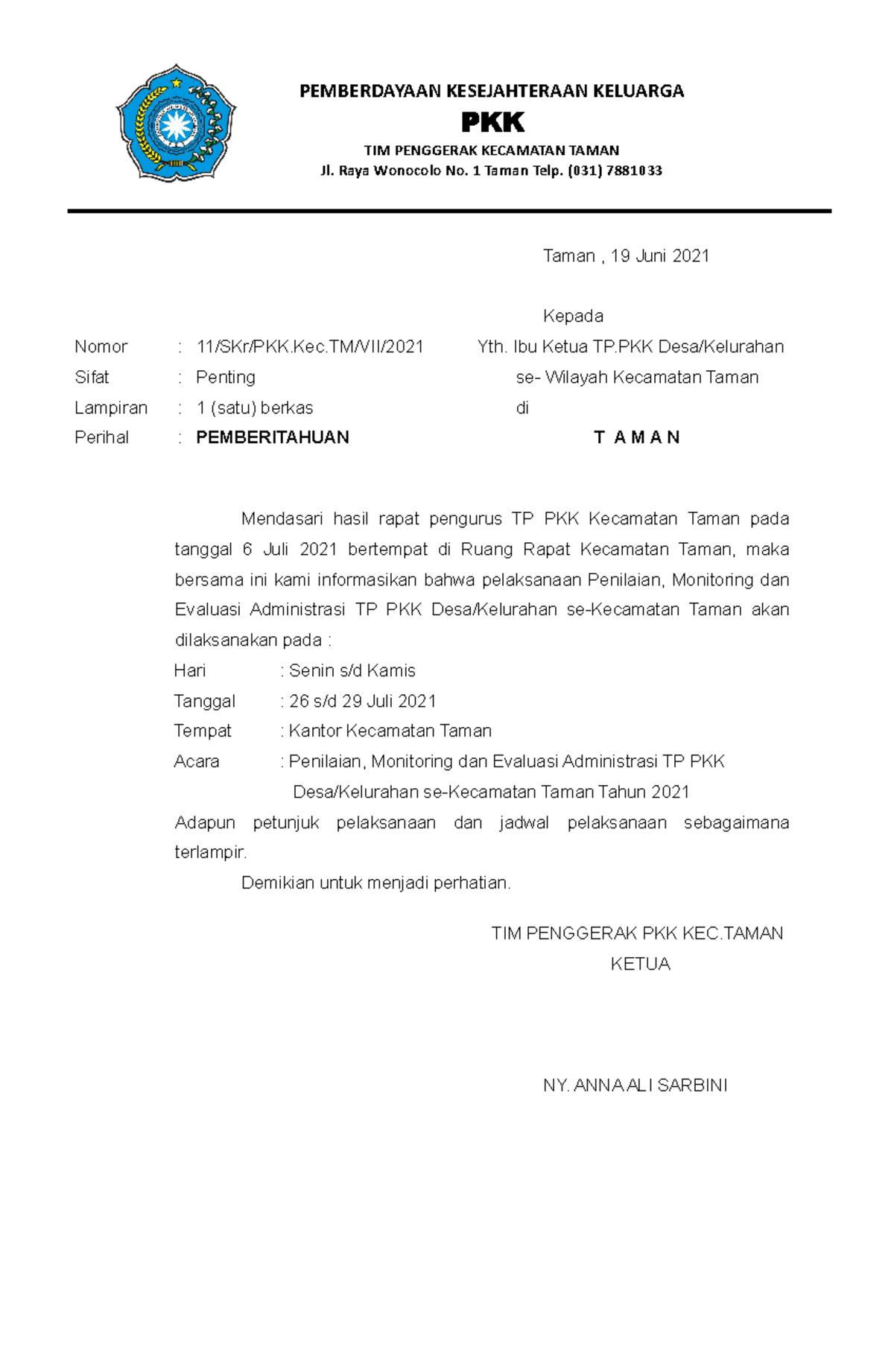 Pemberitahuan Monev Administrasi PKK Kec. Taman Tahun 2021 - Studocu
