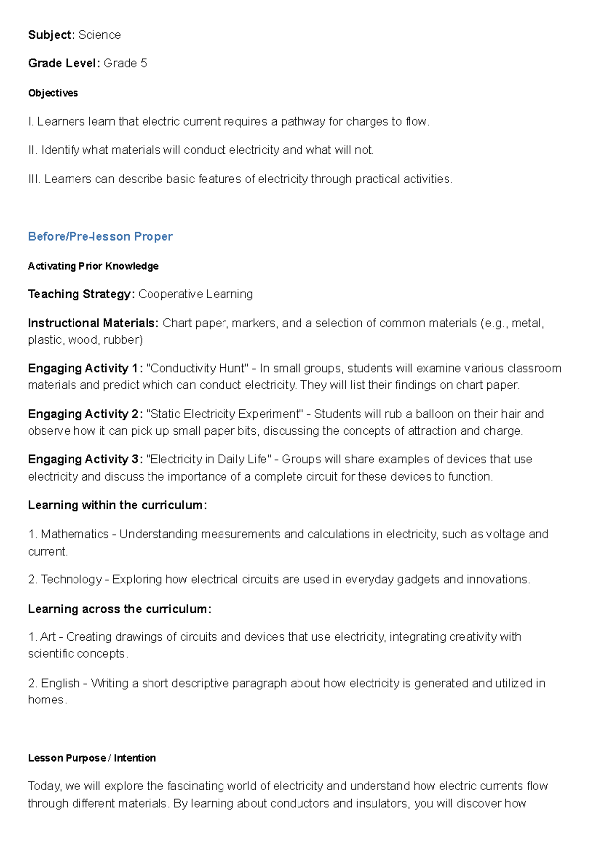 Electricity Lesson Plan for Grade 5 Science: Conductors & Insulators ...