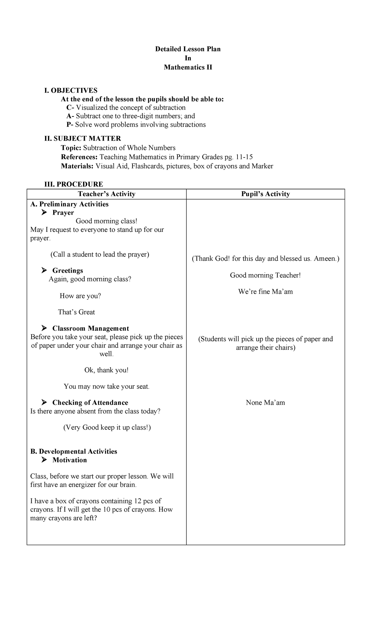 Mathematics II: Detailed Lesson Plan on Subtraction Techniques - Studocu