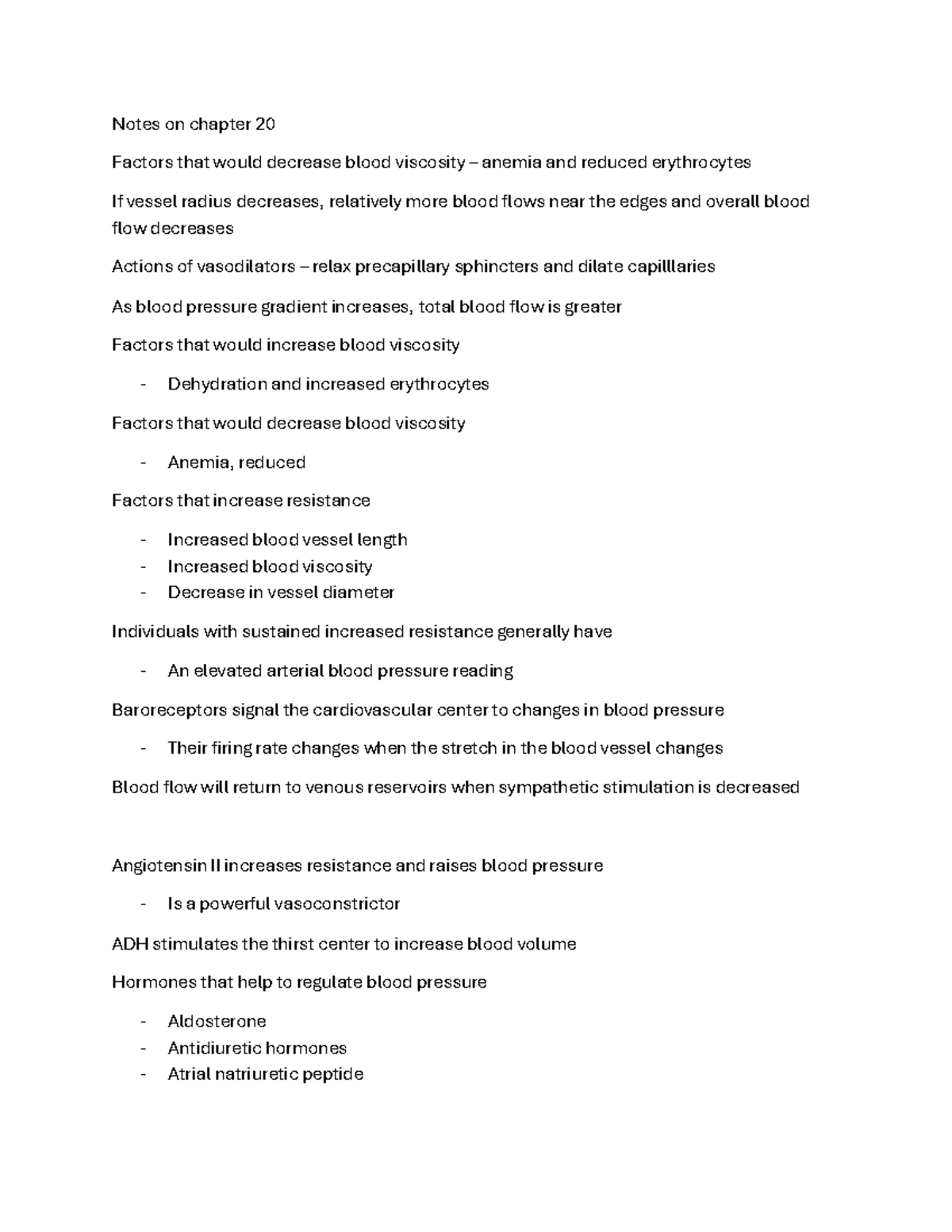 Notes on Chapter 20: Factors Affecting Blood Viscosity and Flow - Studocu