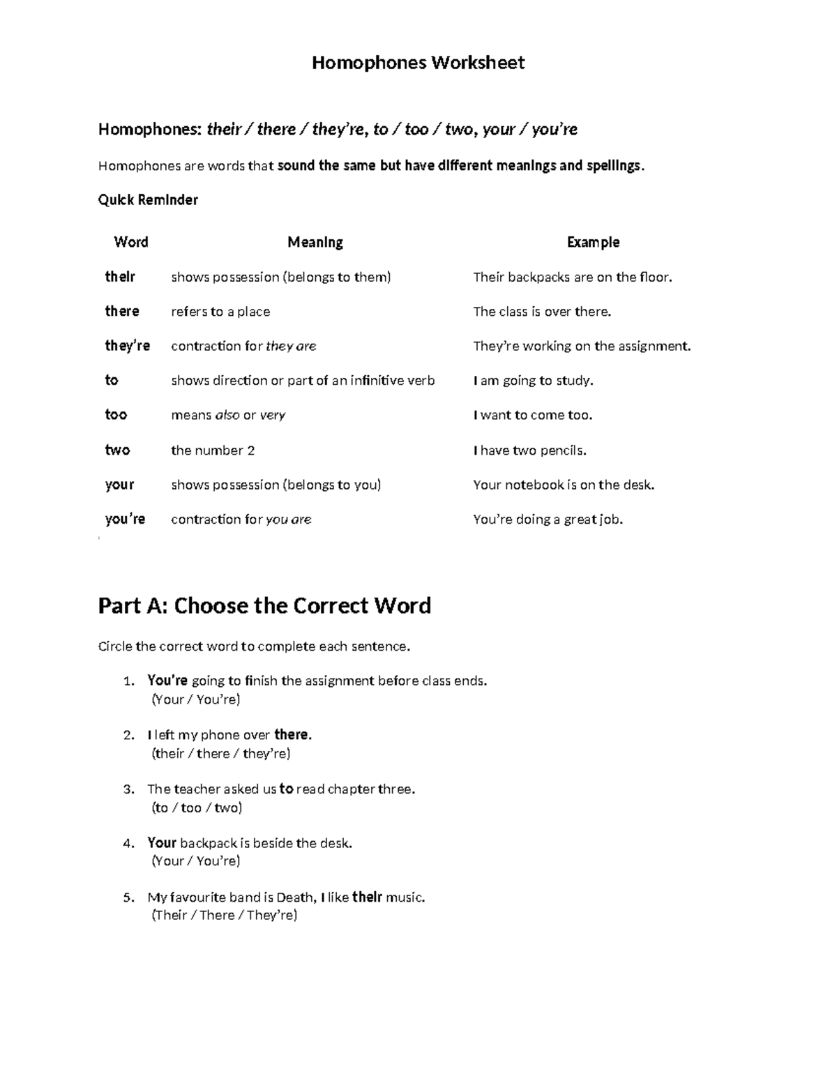 Homophones Worksheet: Understanding Their, There, To, Too, Two, Your ...