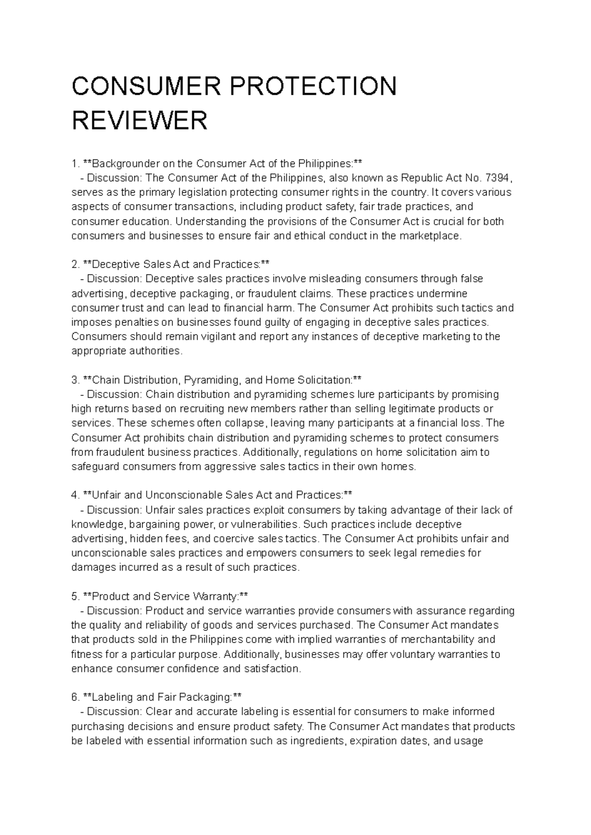 Consumer Protection Act: Essential Insights and Reviewer Notes - Studocu