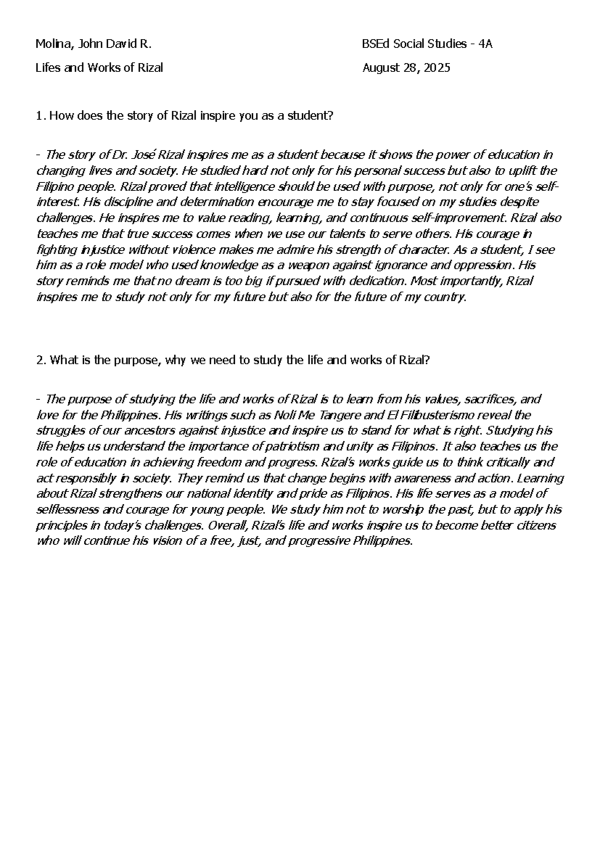 BSEd Social Studies 4A: Inspiring Lessons from Rizal's Life and Works ...