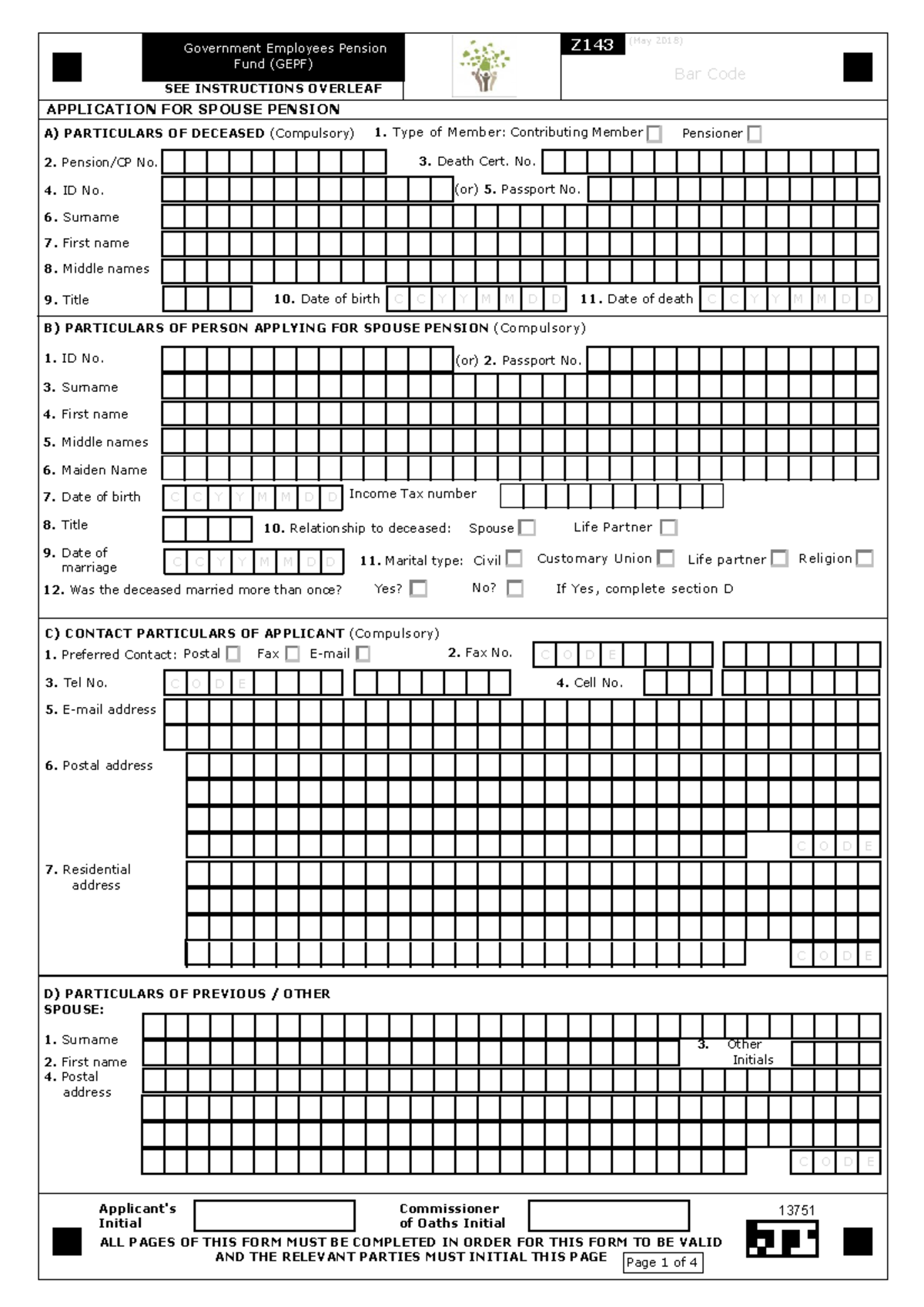 Z143 Application for Spouse Pension - GEPF Form Details - Studocu