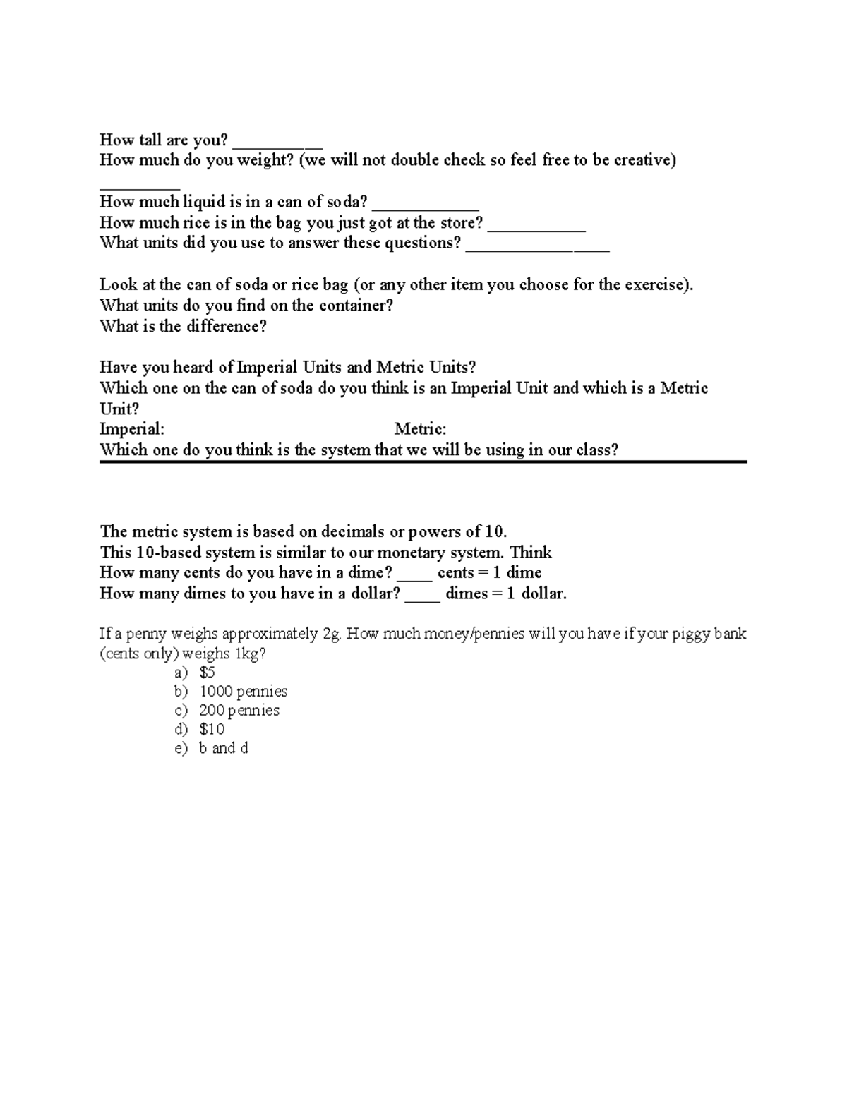 Measurement Lab Activity: Exploring Imperial and Metric Units - Studocu