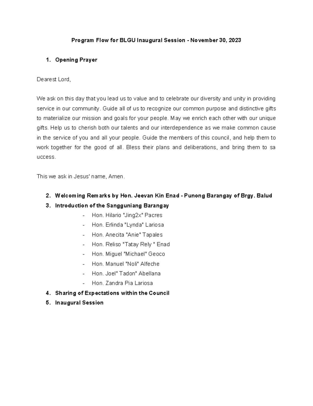 BLGU Inaugural Session Program - November 30, 2023 Agenda - Studocu