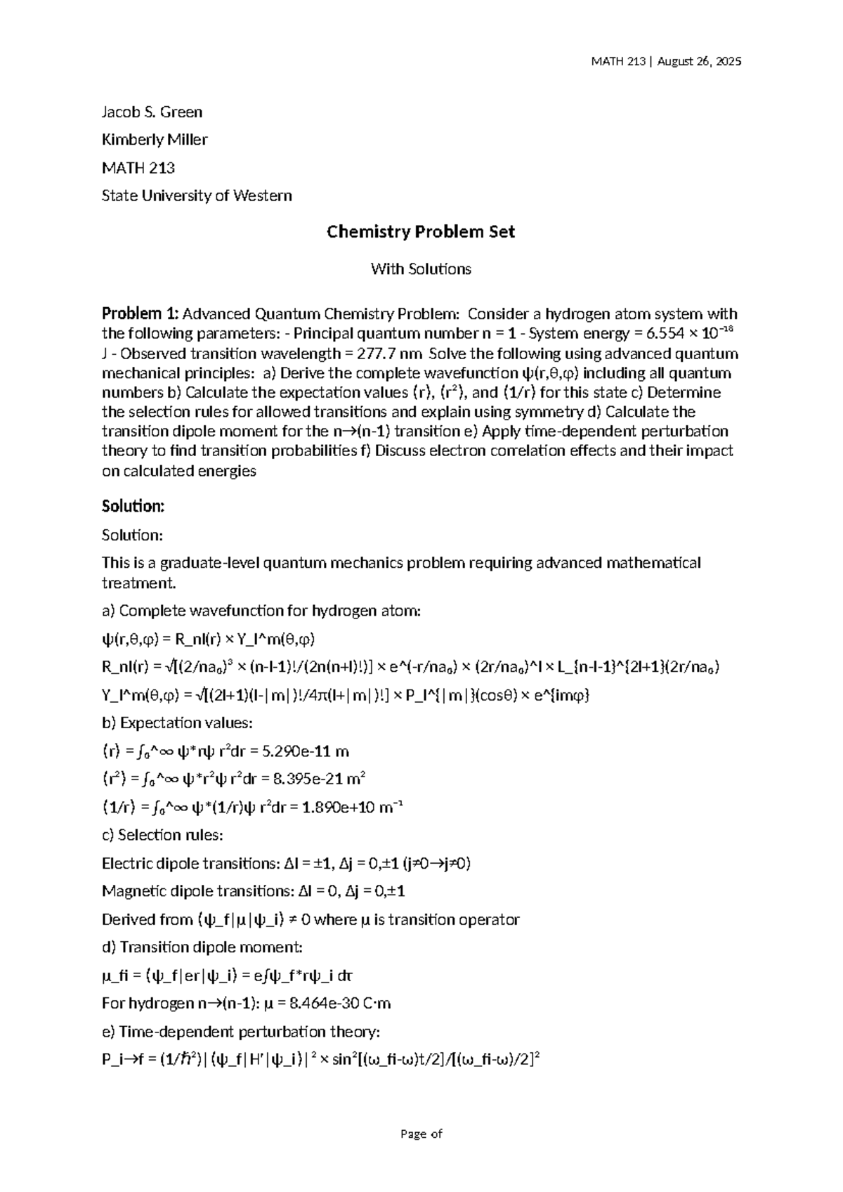 MATH 450L Advanced Chemistry Solutions and Problem Set Analysis - Studocu