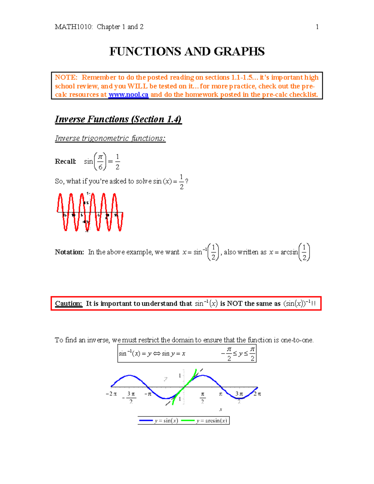 MATH1010: Functions, Inverse Trig, and Limits Overview - Studocu