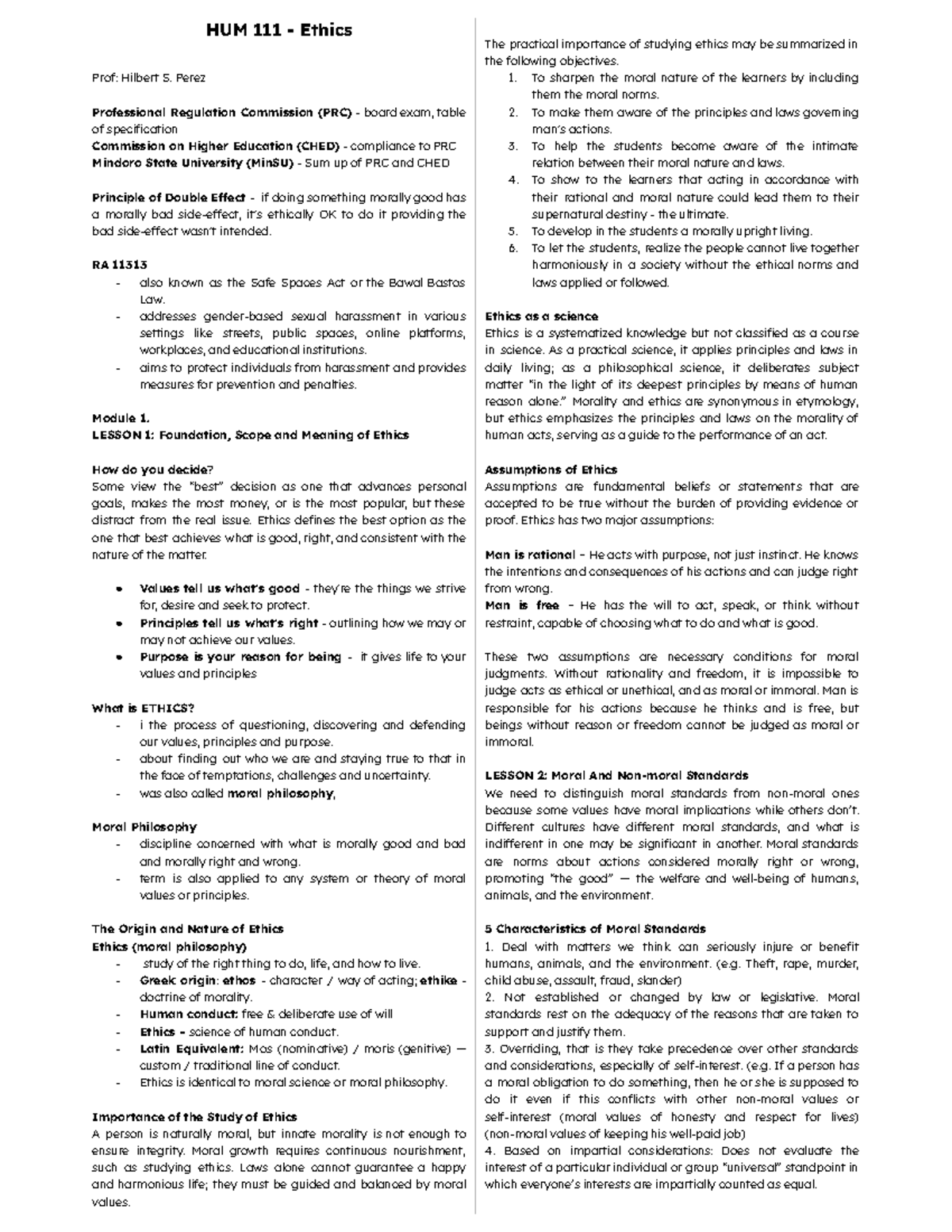 HUM 101: Ethics Reviewer - Key Concepts from Modules 1 & 2 - Studocu