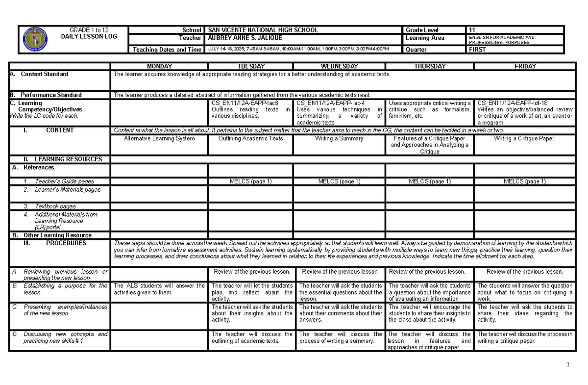 GRADE 11 ENGLISH FOR ACADEMIC AND PROFESSIONAL PURPOSES DAILY LESSON ...