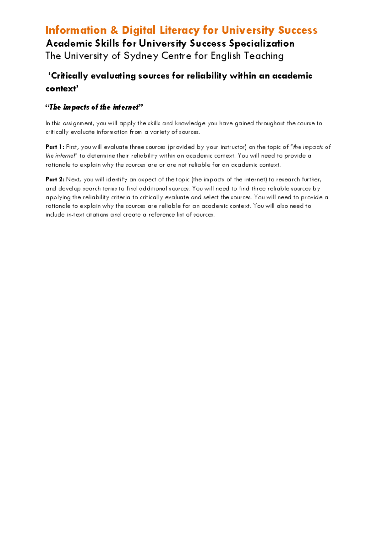Evaluating Internet Sources: Academic Skills for Uni Success (1.1 ...