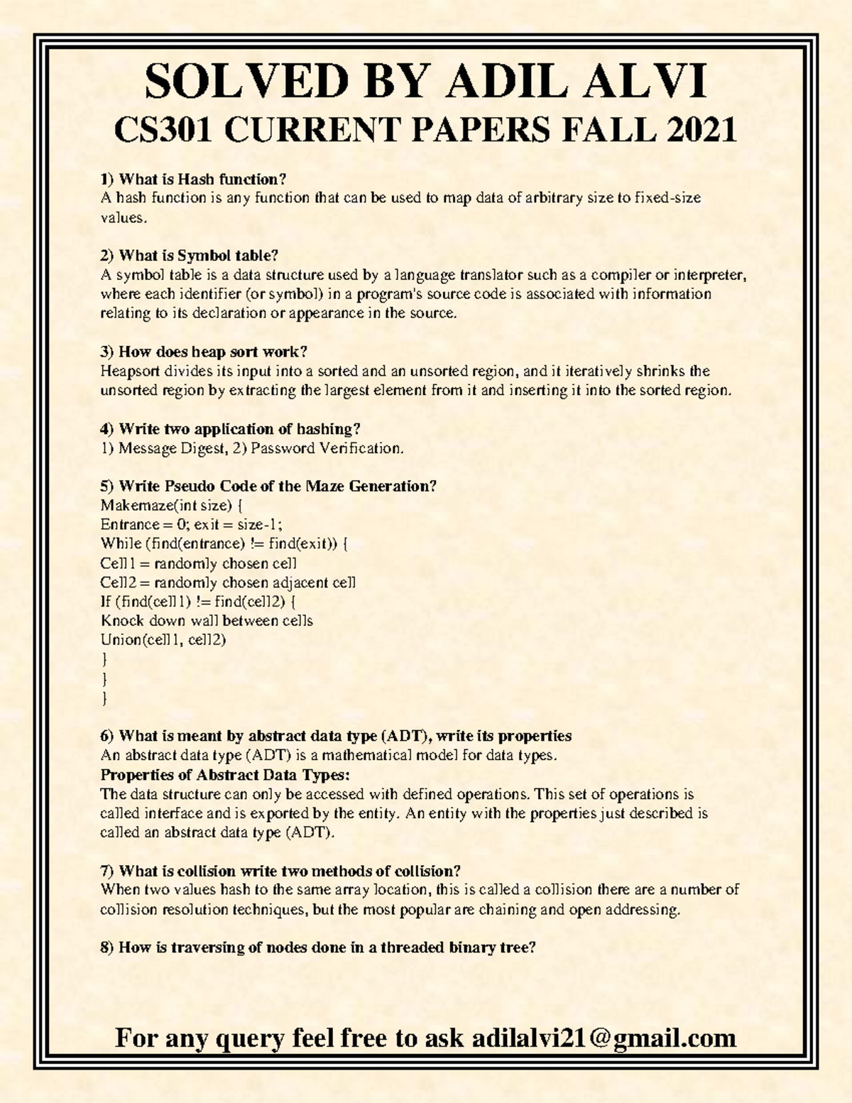CS301 Final Exam Solved Papers FALL 2021 by ADIL ALVI - Studocu