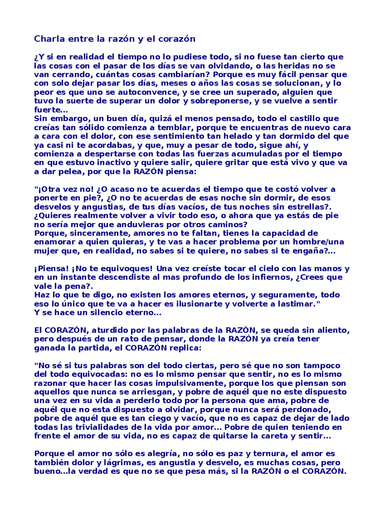 Charla entre la Razón y el Corazón: Reflexiones sobre el Amor - Studocu