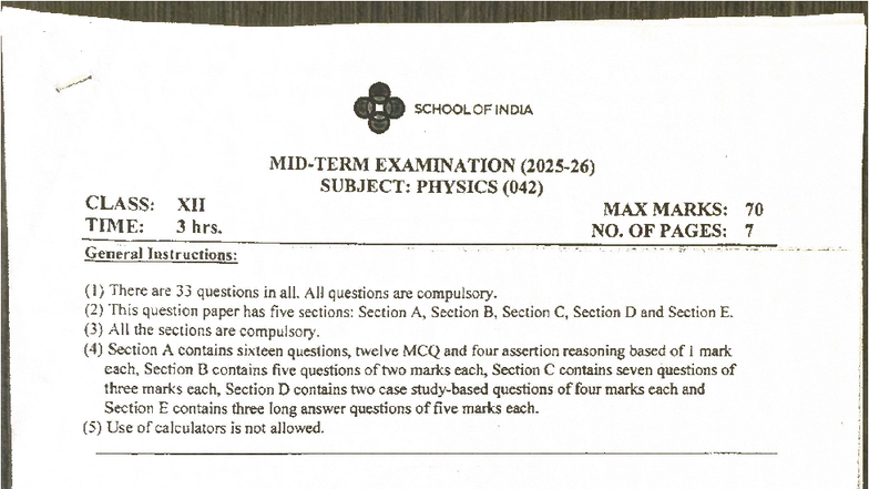 Physics (042) Class XII Final Exam Question Paper - Studocu