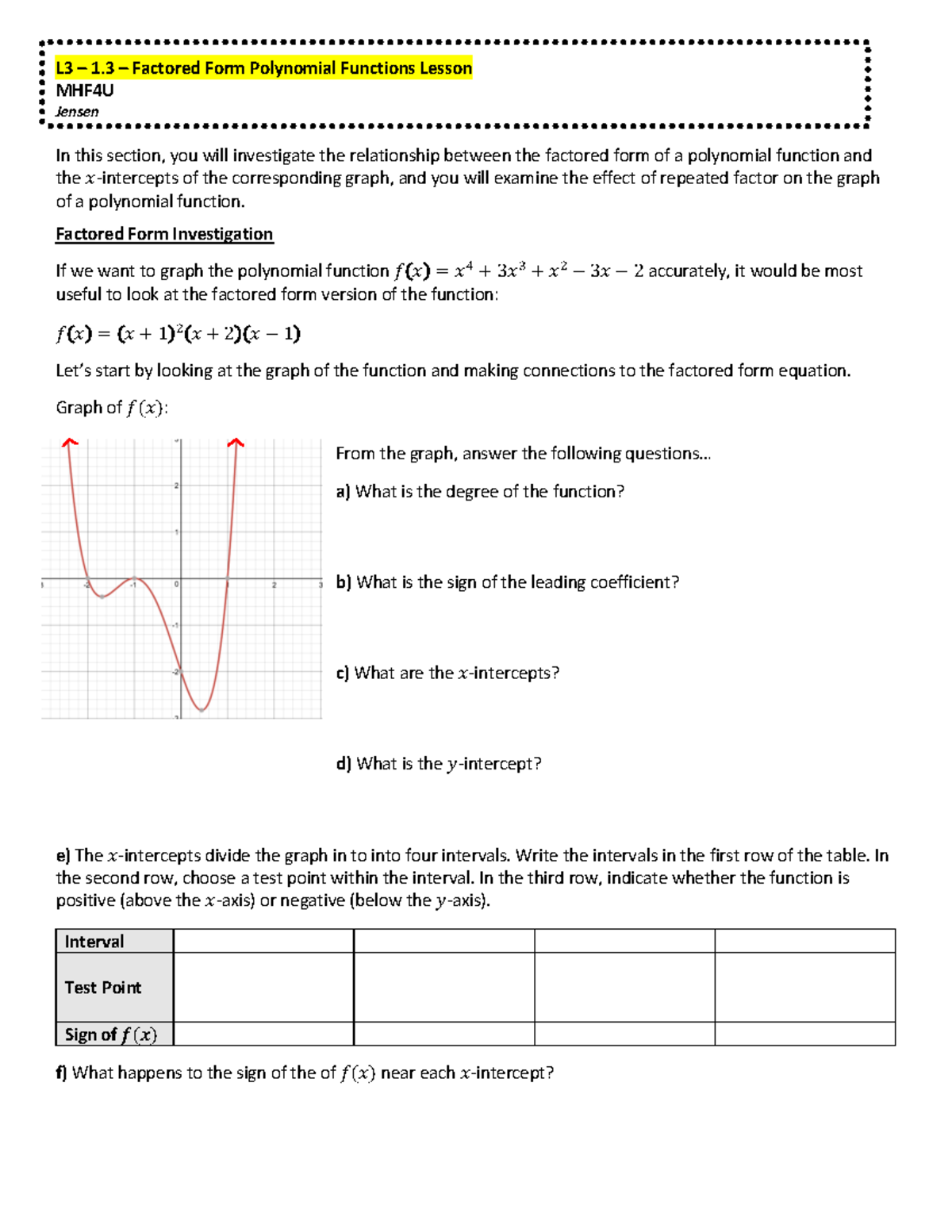 L3 1.3 Factored Form Polynomial Functions Lesson MHF4U - Studocu