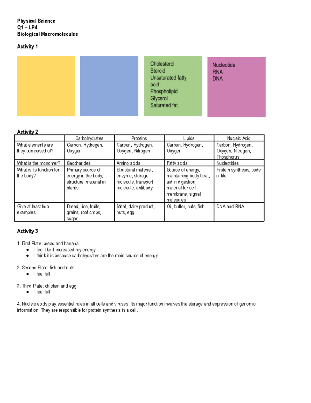 Physical Science Q1 LP4: Biological Macromolecules Overview - Studocu