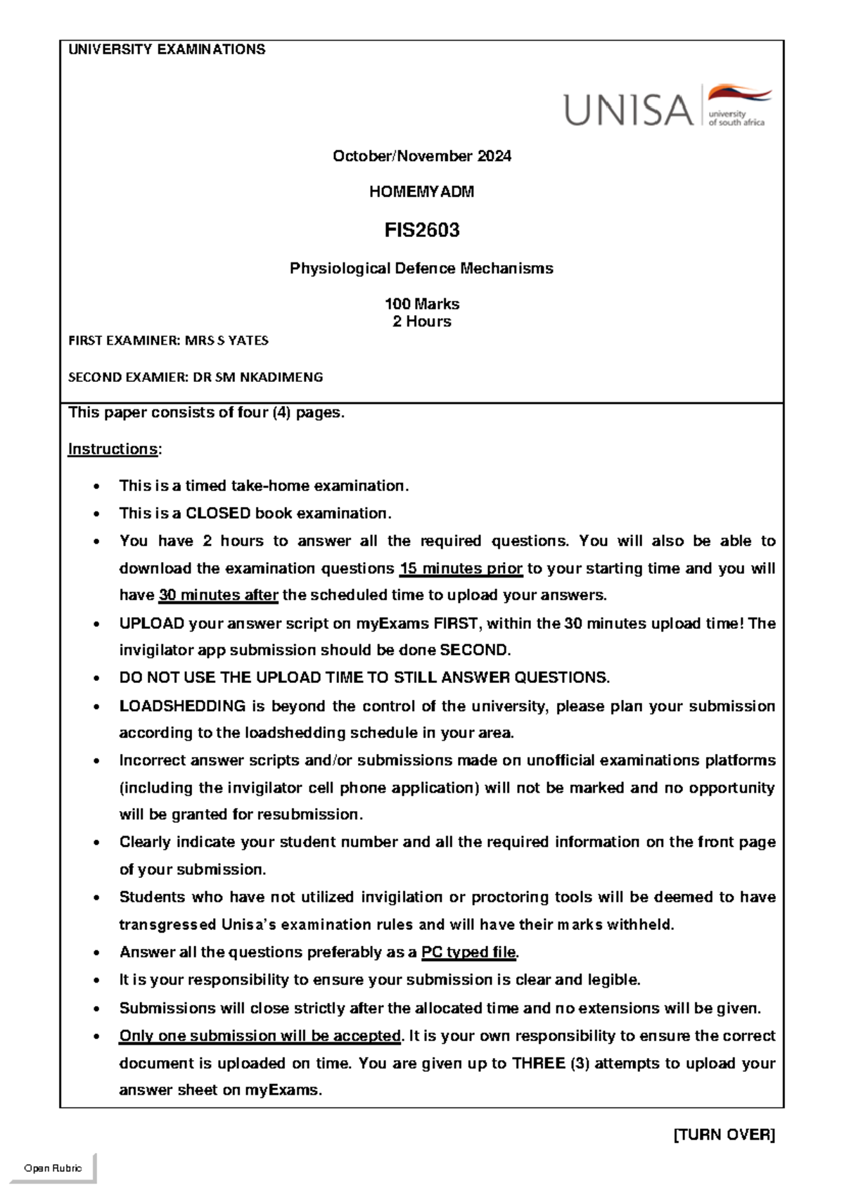 FIS2603 2024 Oct/Nov E Timed Exam: Physiological Defence Mechanisms ...