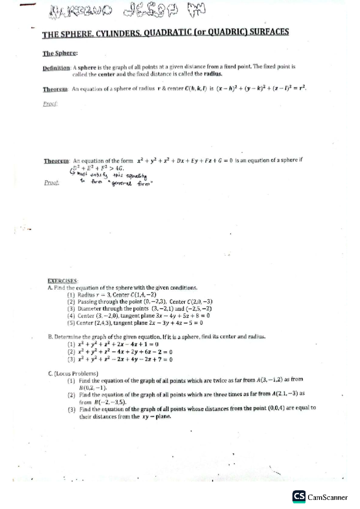 CS Lecture Notes: Sphere, Cylinders, and Quadratic Surfaces - Studocu